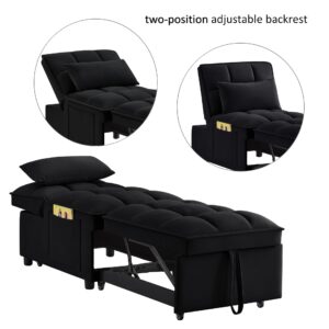 Sofa Bed Chair 4-In-1 Convertible Pull Out Couch for Living Room, Linen Sleeper Sofa Lounge Sofa with Storage Pocket, Single Recliner for Small Space with Adjustable Backrest & Pillow, Black