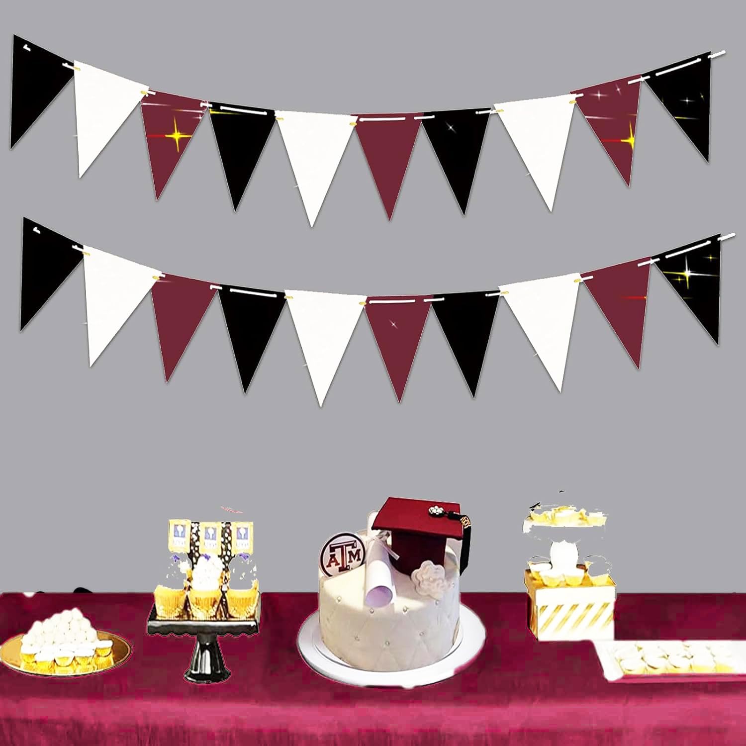 Graduation Party Decorations Maroon Black 2024/Burgundy Black Graduation Decorations/Maroon Birthday Party Decorations Bridal Shower/Burgundy Black Triangle Banners 2pcs