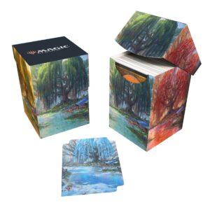 ultra pro - bloomburrow 100+ deck box® season lands: three tree city for magic: the gathering, exclusive artwork, archival safe, rigid polypropylene, deck divider included