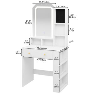 YITAHOME Small Makeup Vanity Desk with Mirror and Adjustable Lights, Vanity Table with Jewelry Foam, Storage Drawer, Shelves, and Side Storage for Bedroom, Dressing Room