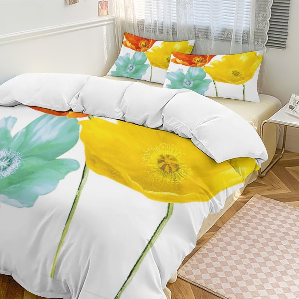 FELENIW Microfiber Duvet Cover Set 3D Printed Poppy Flowers Decorative 3 Pieces Bedding Duvet Cover Sets Comforter Cover Set with 2 Pillow Shams (US Full, Poppy Flowers)