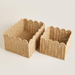 Scalloped Edge Basket, Wicker Storage Baskets,Hand Woven Rattan Basket for Shelves,Natural Water Hyacinth Storage Baskets for Organizing (small)