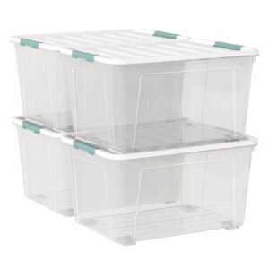 nicesh 80 l large plastic storage bins with latch lids, 4-pack clear plastic storage box with wheels