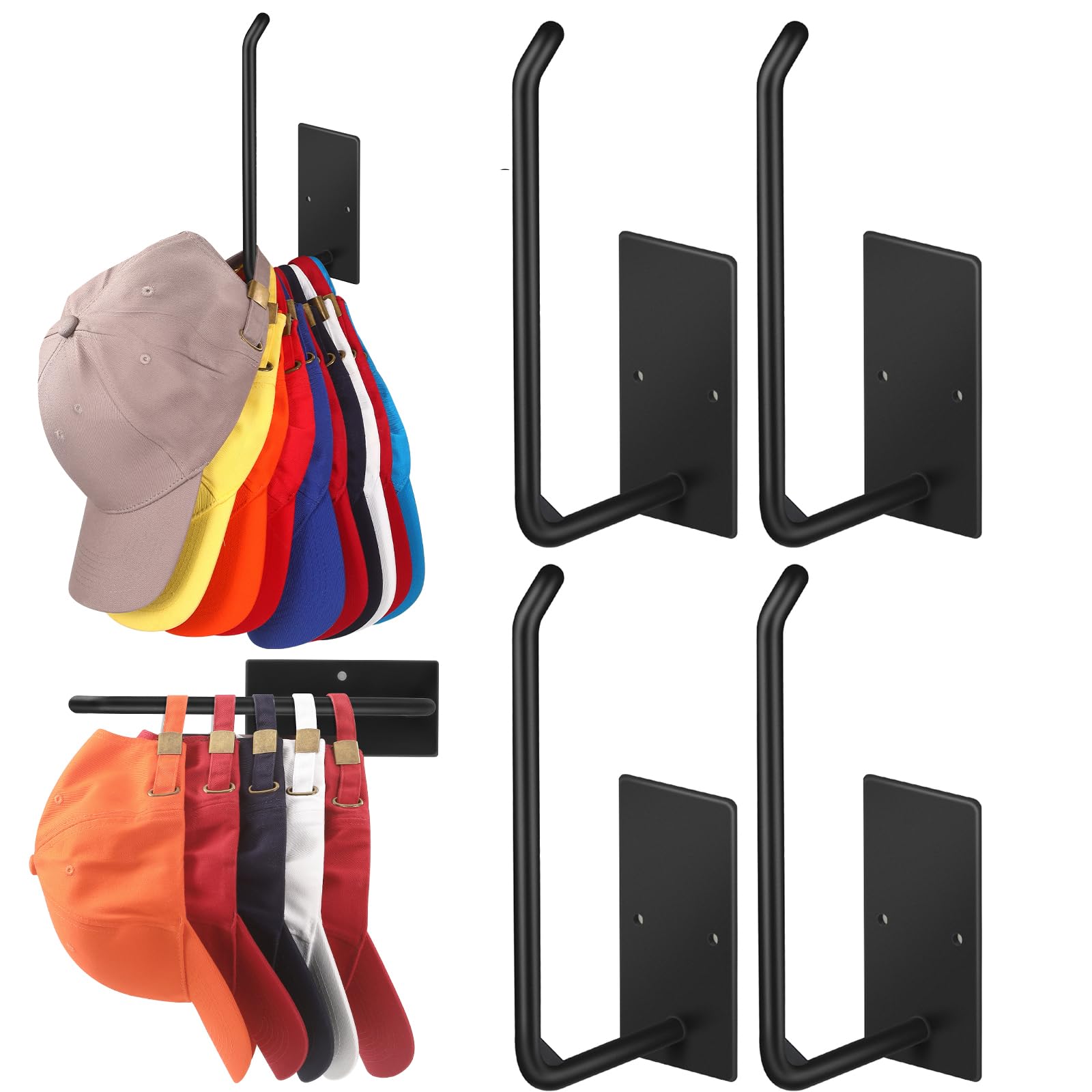 Letohoumia 4 Pack Hat Hooks for Wall, Strong Adhesive Hat Hanger Holder for Baseball Caps, Multi-Purpose Hook Organizer Can Hold More Than 10 Hats for Door/Closet