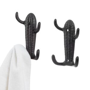 mygift vintage dark brown cast iron coat hooks, southwestern style cactus shape wall mounted entryway hanging hook or bathroom towel and robe hangers, set of 2