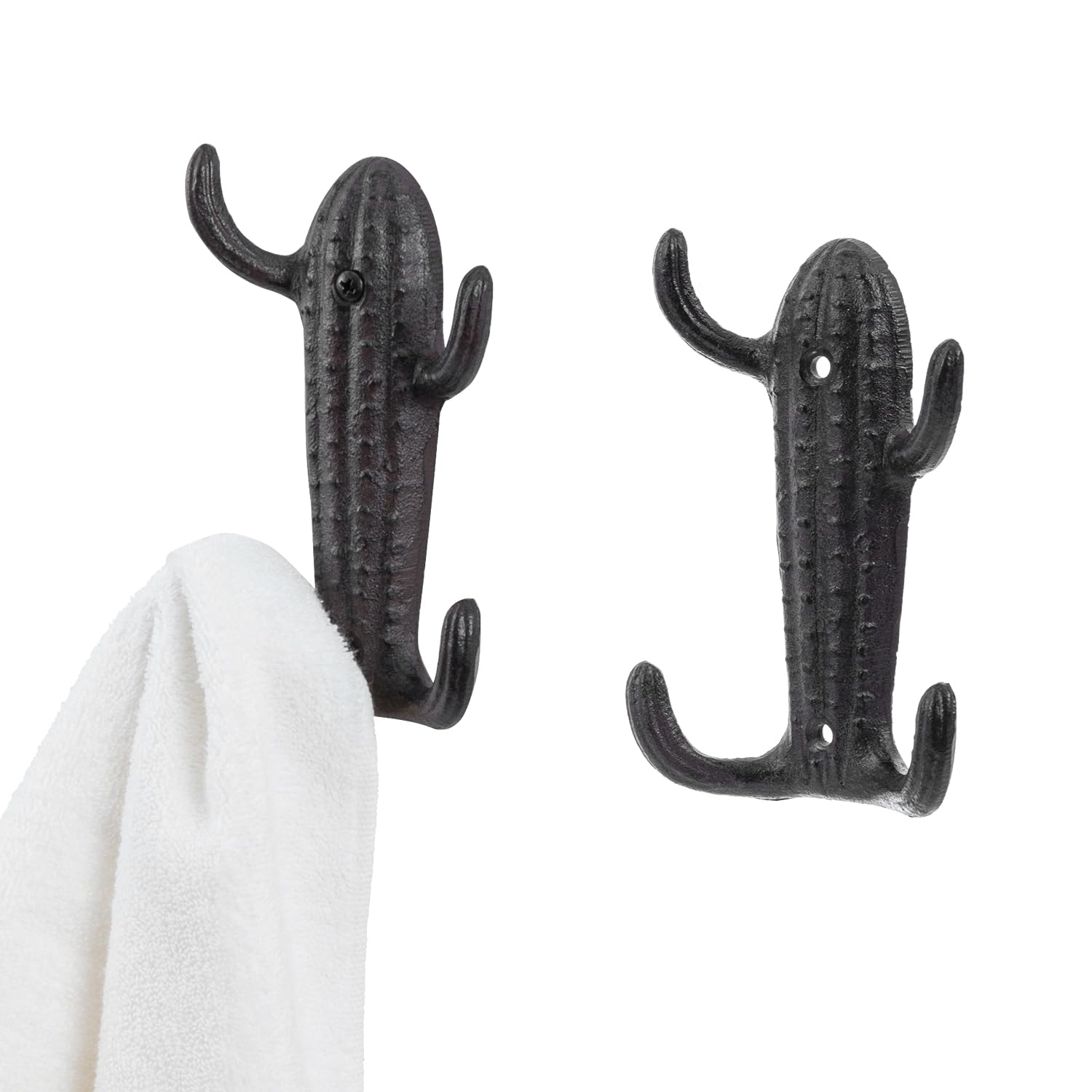 MyGift Vintage Dark Brown Cast Iron Coat Hooks, Southwestern Style Cactus Shape Wall Mounted Entryway Hanging Hook or Bathroom Towel and Robe Hangers, Set of 2