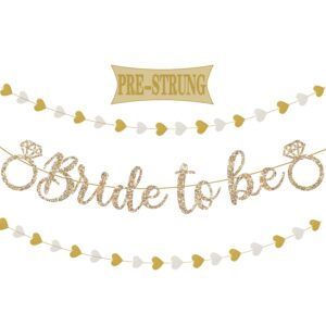 pre-strung bride to be banner,gold glitter banner sign with 2pcs heart streamers garland for bachelorette party decorations, bridal shower wedding engagement hen party decorations supplies