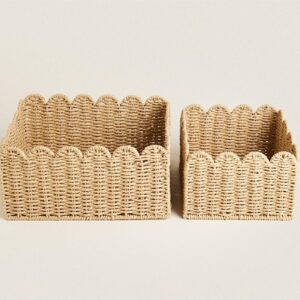 Scalloped Edge Basket, Wicker Storage Baskets,Hand Woven Rattan Basket for Shelves,Natural Water Hyacinth Storage Baskets for Organizing (small)