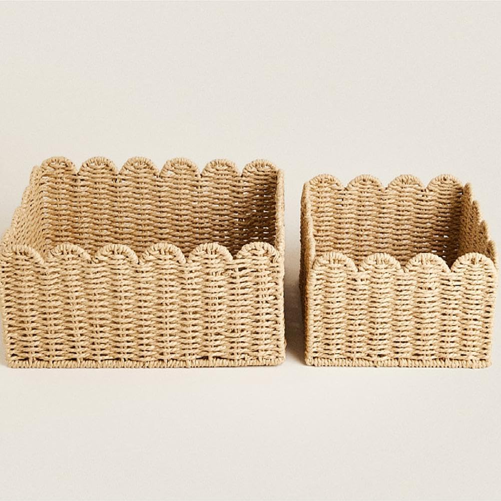 Scalloped Edge Basket, Wicker Storage Baskets,Hand Woven Rattan Basket for Shelves,Natural Water Hyacinth Storage Baskets for Organizing (small)