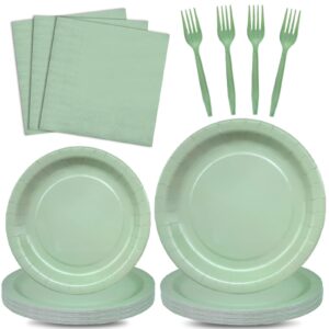 96 pieces sage green tableware party supplies - elegant light green disposable dinnerware set with paper plates, napkins, and forks for birthdays, weddings, bridal showers, baby showers - serves 24