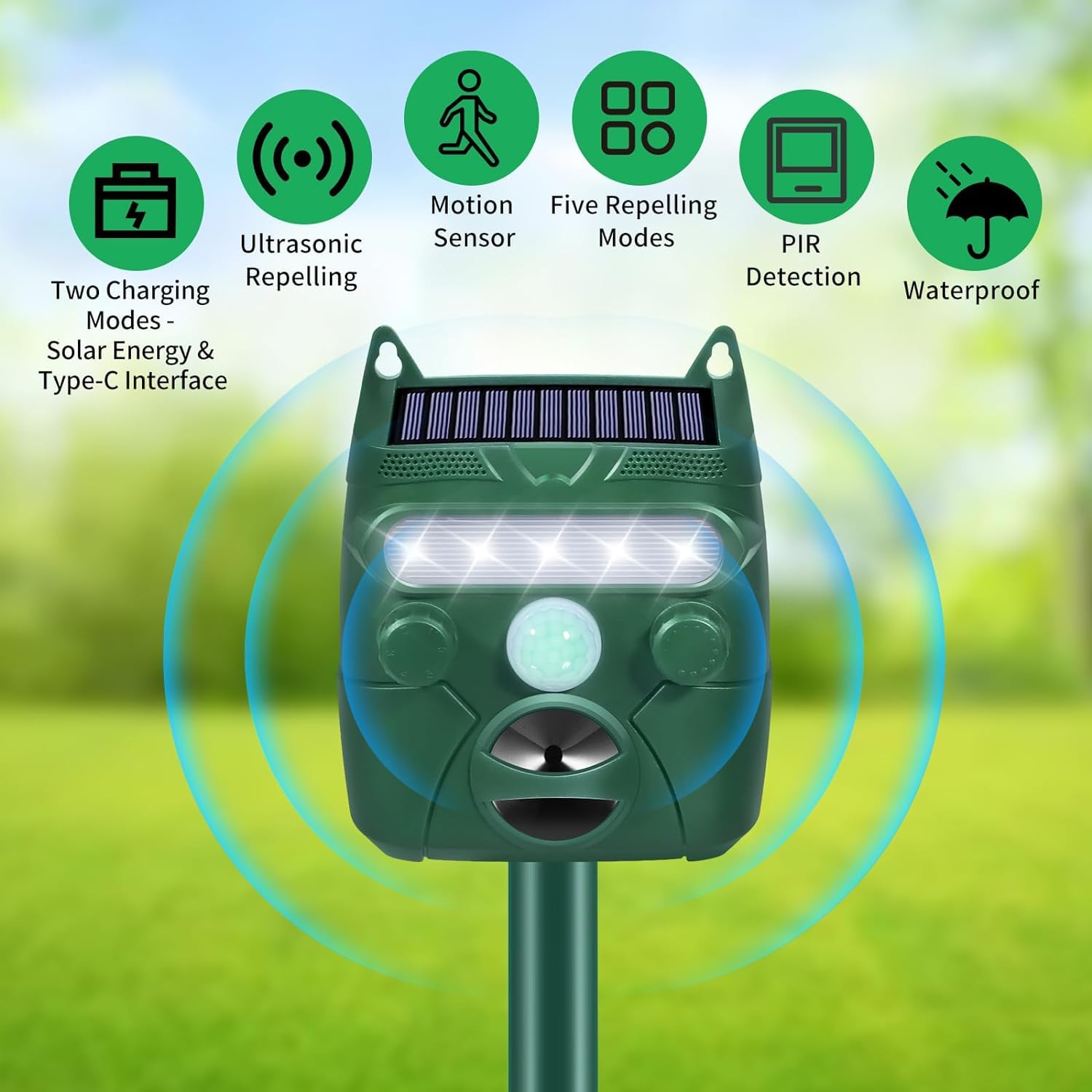 Solar Ultrasonic Animal Repellent 2024 Newest Cat Deterrent Outdoor with Motion Sensor to Scare Away Cat Deer Squirrel Dog Skunk Rabbit Raccoon, Deer Repellent Devices Skunk Repellent for Yard (2)