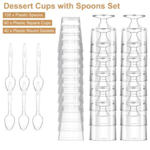 200Pcs Dessert Cups with Spoons 100Pcs 5 OZ Mini Clear Plastic Appetizer Parfait Cup 100 Spoon Small Fruit Ice Cream Mousse Pudding Serving Bowl Shooter for Party Square Wine Shot Glasses Round Goblet