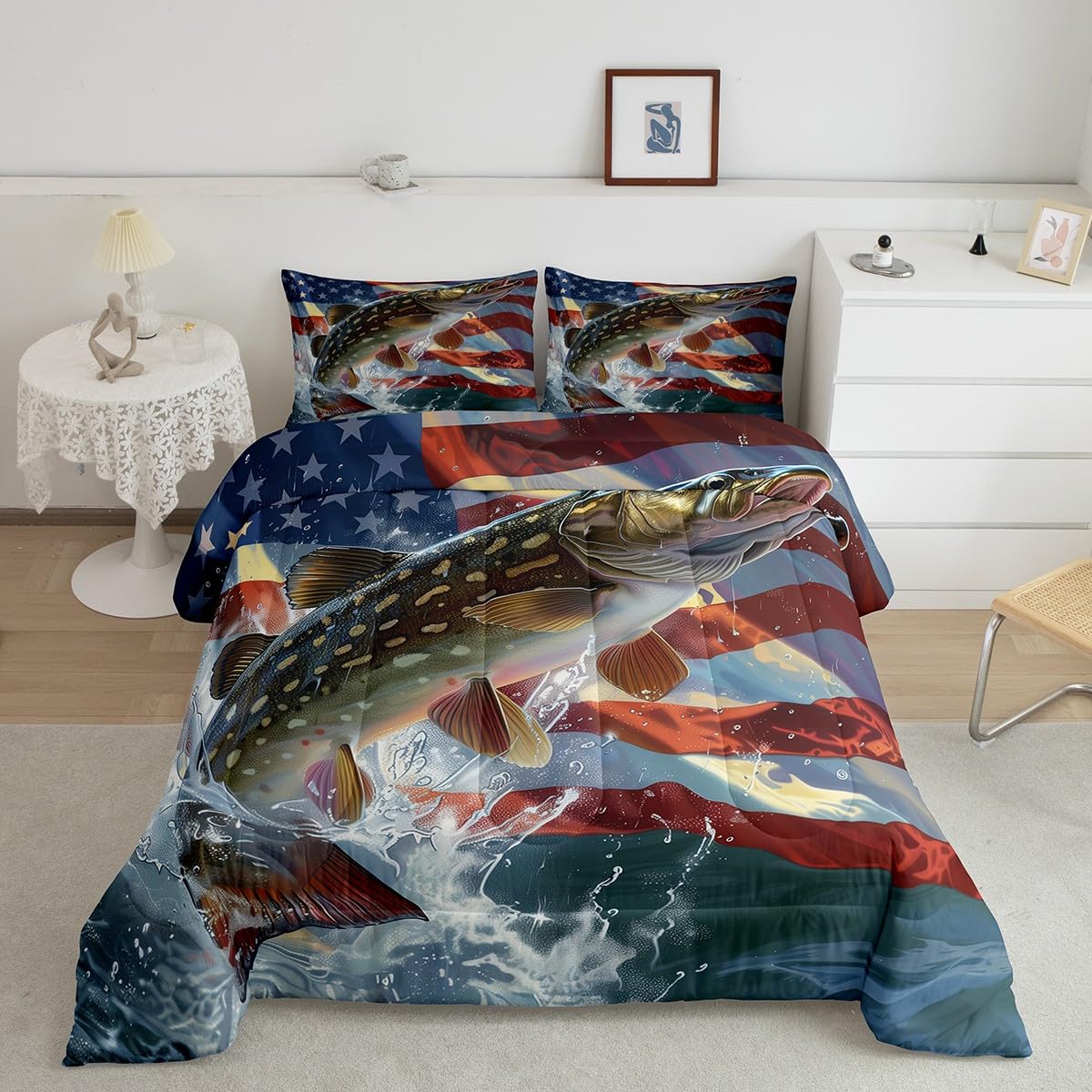 Feelyou American Flag Big Pike Fish Comforter Set Bass Big Fish Bedding Set for Kids Boys Girls Hunting Fishing Comforter Soft Quilt Set Twin Size