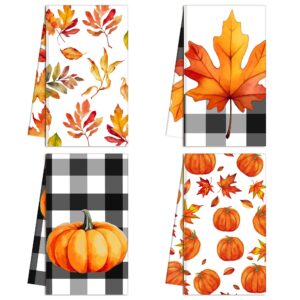 fall kitchen towels maple leaf pumpkin plaid hand towels fall thanksgiving dish towels drying cloth towel autumn dishcloth tea towels for autumn bathroom kitchen cooking baking, 4 pack, 26 x 18 inch