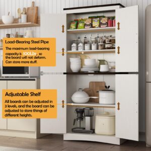 chartustriable 71in Farmhouse Kitchen Pantry Cabinet,Tall Storage Cabinet with 4 Doors and Adjustable shelves,with Load-Bearing Steel Pipe,Wood Storage Cabinets for Kitchen,Dining Room,Bathroom(White)