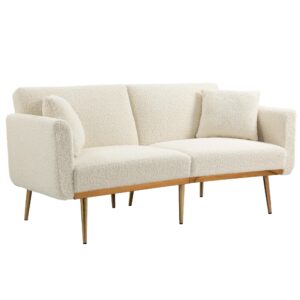 szlizccc accent sofa, mid century modern teddy velvet fabric couch， convertible futon sofa bed ，recliner couch accent sofa loveseat sofa with gold metal feet (white teddy)