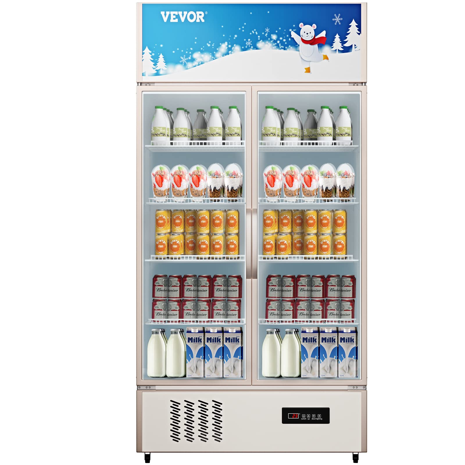 VEVOR Commercial Merchandiser Refrigerator 2 Glass Doors, Cubic Ft, Upright Display Beverage Cooler 79" Tall x 39.4" Width, Fridge with LED Lighting for Drink Wine Soda, Gold, 23 cu.ft