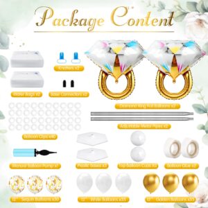 Realspring 2 Sets Diamond Ring Balloon Column Stand Kit with 2 Ring Foil Ring Balloons 100 Latex Balloons, Adjustable Balloon Stands White and Gold Balloon Arch for Bridal Shower Wedding Engagement