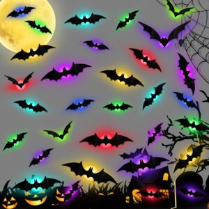 leesky 60 pcs led halloween 3d lighted bats decorations wall stickers, 4 different size removable pvc halloween light up bats wall sticker decorations for indoor home decor