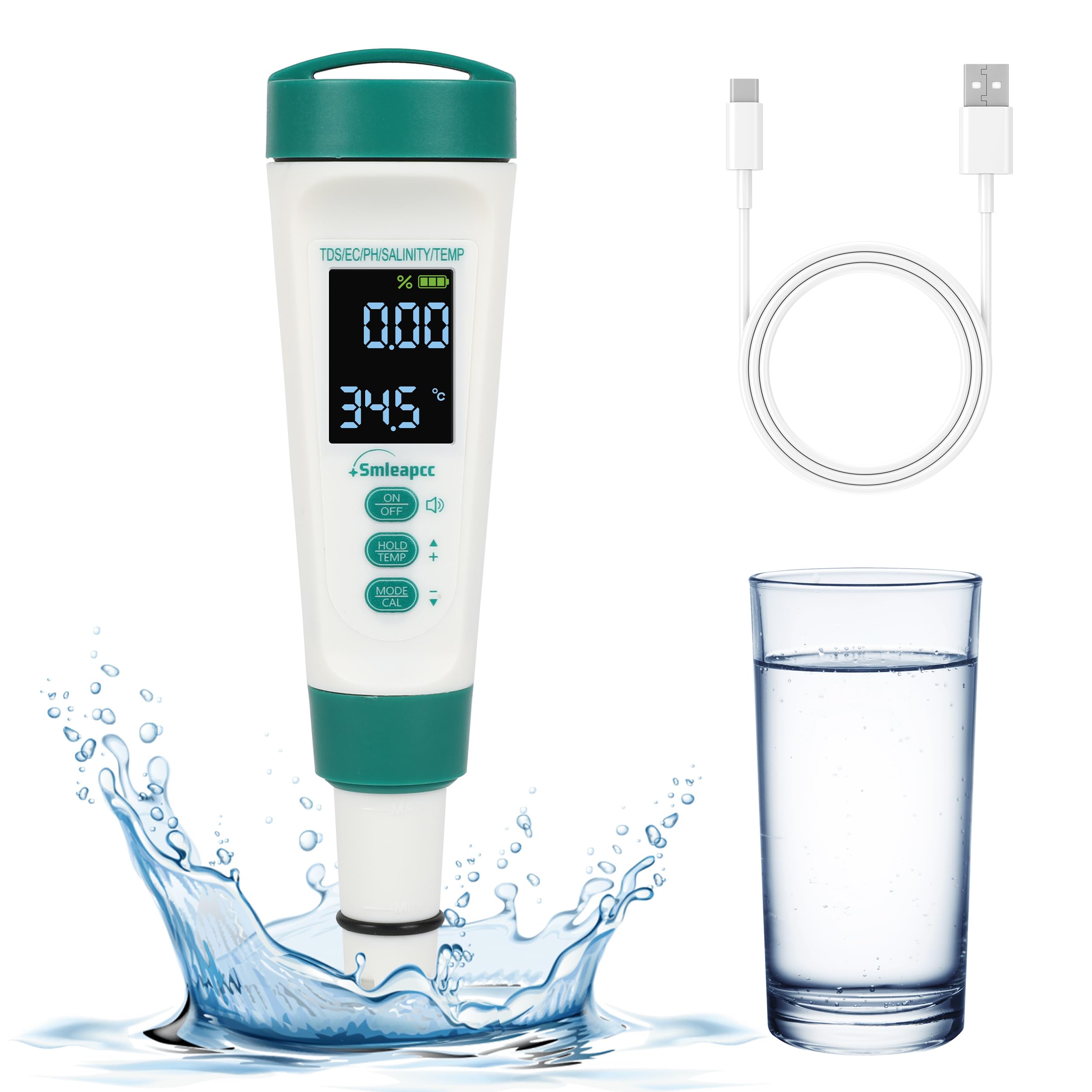 Smleapcc TDS Meter, 5 in 1 PH Meter,PH/TDS/EC/Salinity/Temp Meter for Water,High Accuracy Water Testing Kits for Drinking Water, Pools, Fish Tank, and Hydroponics，Rechargeable (White)