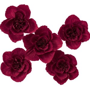 mejoy 12" 3d paper flower decoration for party, wedding decoration, background wall, nursery room decoration, bridal shower, baby shower(burgundy, 5 pcs)