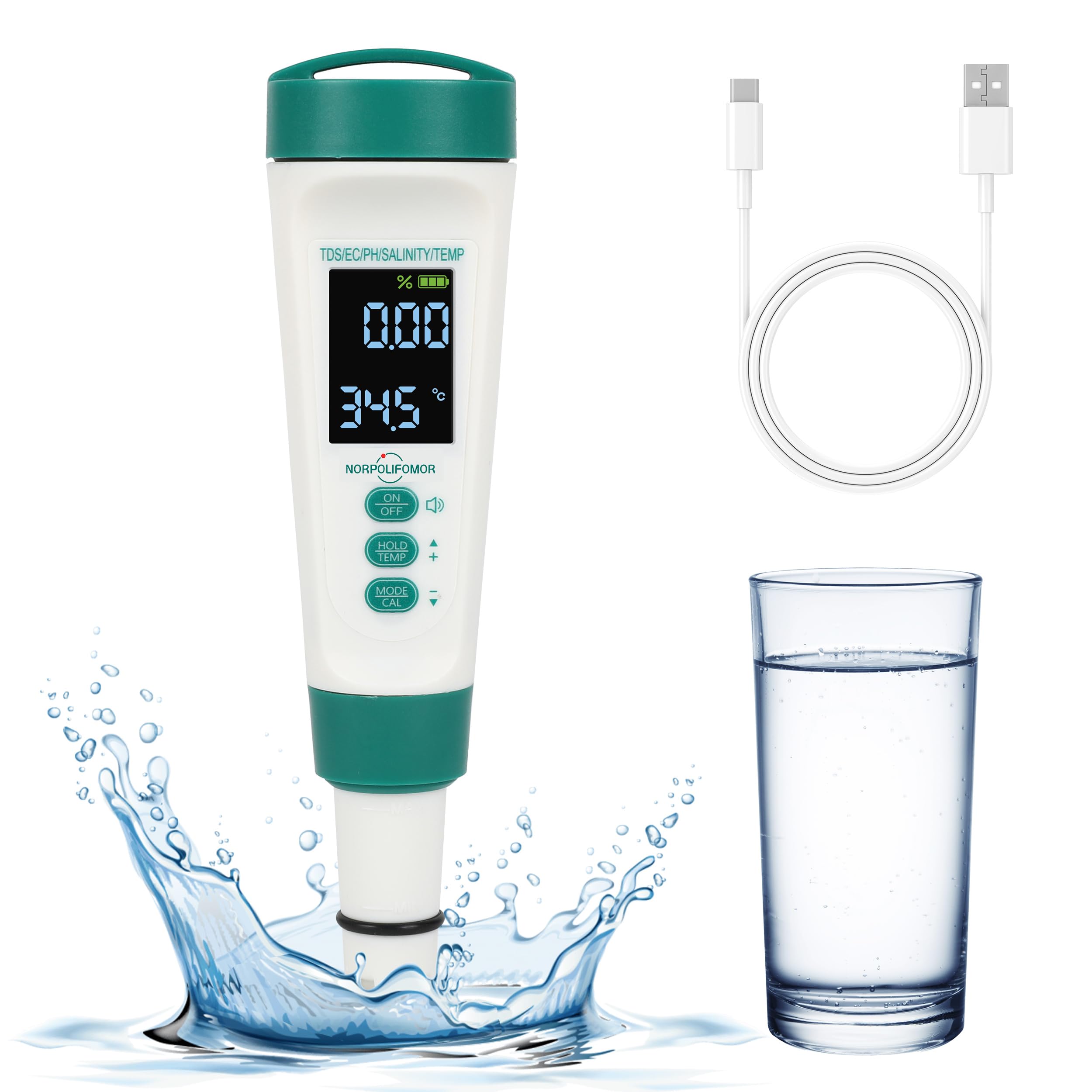 Norpolifomor Pool Salt Tester,pH Meter with Audio, TDS/PPM Tester,Salt Water Test for Swimming Pool, Hot Tub Spas,Koi Fish,Seawater, Aquariums & Hydroponics,Battery Power Rechargeable