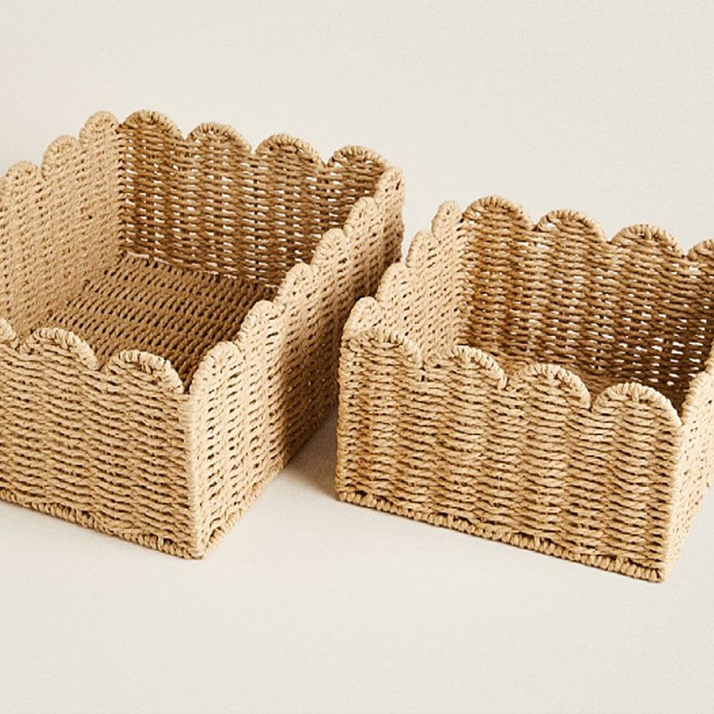 Scalloped Edge Basket, Wicker Storage Baskets,Hand Woven Rattan Basket for Shelves,Natural Water Hyacinth Storage Baskets for Organizing (small)