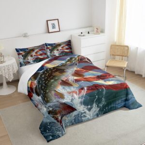 Feelyou American Flag Big Pike Fish Comforter Set Bass Big Fish Bedding Set for Kids Boys Girls Hunting Fishing Comforter Soft Quilt Set Twin Size