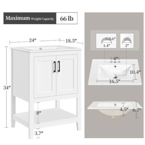 Yaheetech 24" Modern Bathroom Vanity with Sink, Bathroom Sink Cabinet with Rectangular Ceramic Basin, Bathroom Vanities Cabinet with 2 Doors and 1 Open Shelf, White