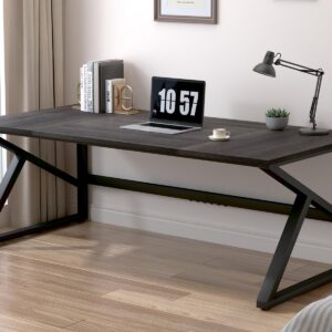 IBF Long Desks for Home Office, Large Metal Wooden Computer Desk for 2 Monitors, 70 Inch Two Person Desk for Executive Work Writing Study Gaming, Industrial Modern Big Double Desk, Dark Gray Oak