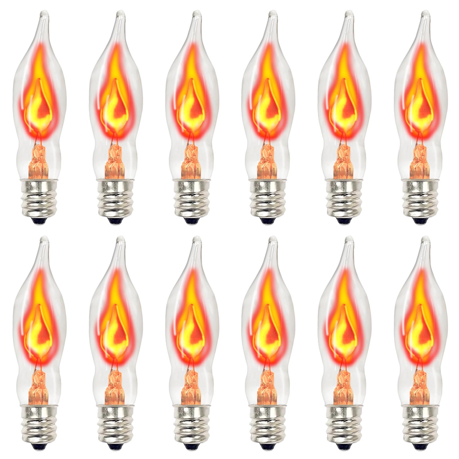 Aiyomt Christmas Flicker Flame Light Bulbs, Crystal Clear Chandelier Flickering C7/E12 Orange Flame Bulb for Electric Window Candles Halloween Party Christmas Decor, Flame Shaped, 1 Watts, 12 Pack