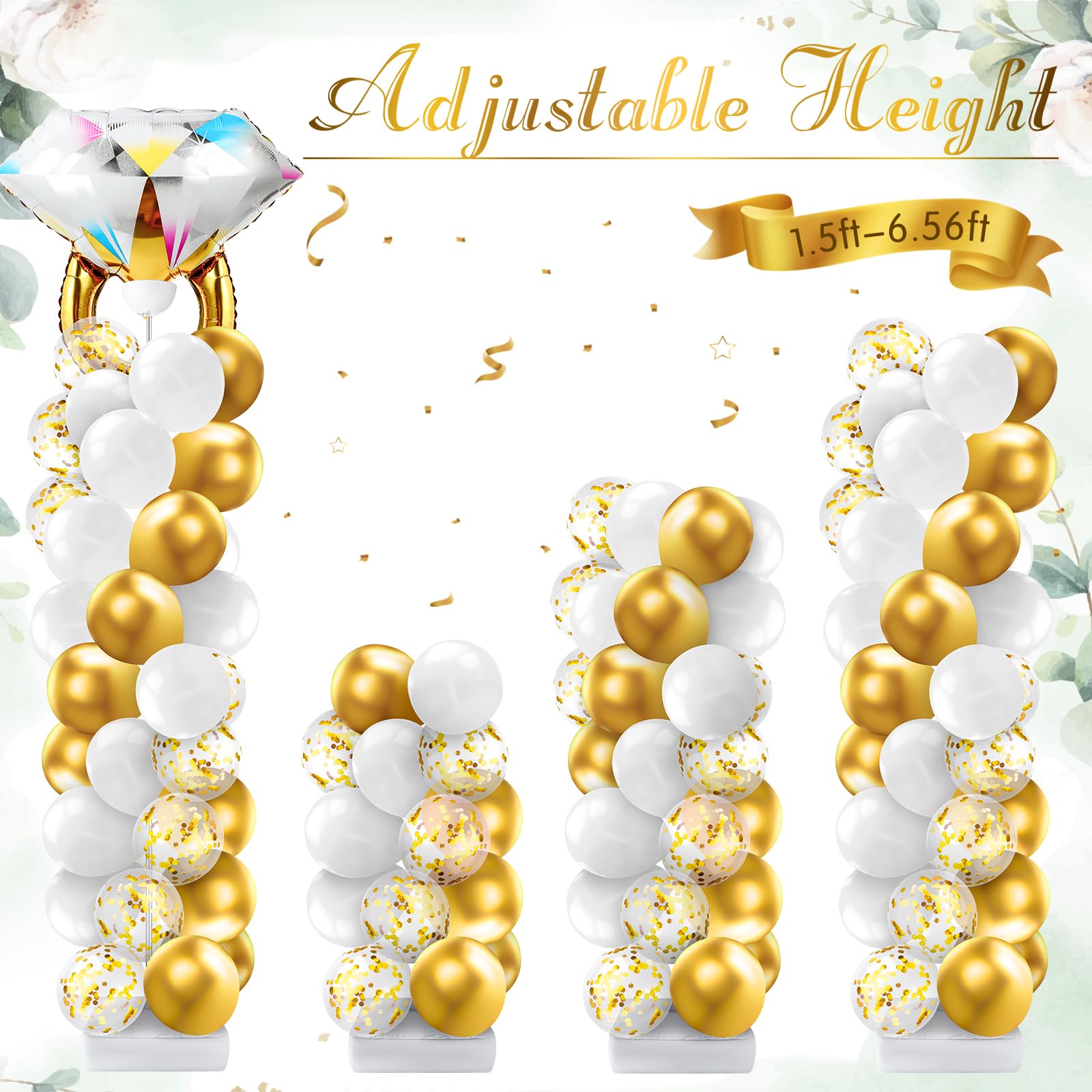 Realspring 2 Sets Diamond Ring Balloon Column Stand Kit with 2 Ring Foil Ring Balloons 100 Latex Balloons, Adjustable Balloon Stands White and Gold Balloon Arch for Bridal Shower Wedding Engagement