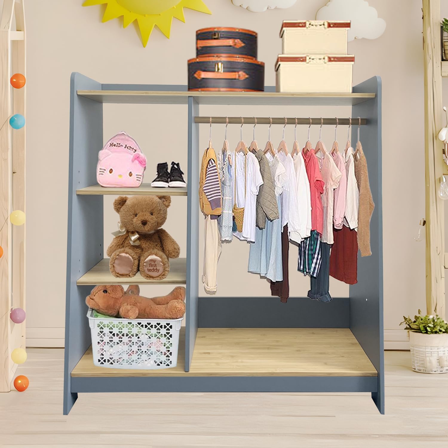 Kids' Armoires & Dressers, Kids Dress Up Storage, Open Hanging Armoire, Baby Dresser, Kids Wardrobe, Toddler Dress Up Rack, Organizer, Clothes Rack for Girls, Closet for Baby Clothes, Bedroom (Grey)