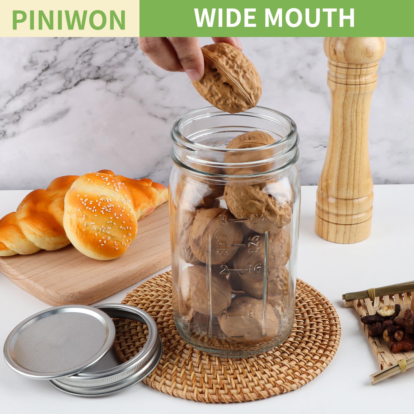 PINIWON Wide Mouth Mason Jars 32 oz with Airtight Lids and Bands, 12 Pack Quart Canning Jars, Clear Glass Mason Jars for Canning, Pickling, Preserving, Meal Prep, DIY Projects