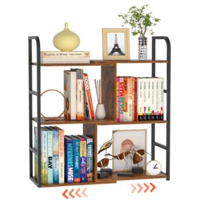 3-tier home office bookcase shelf, expandable small book shelf, narrow bookshelves with metal frame, bedroom&living room modern metal and wood standing storage shelving unit books shelf organizer