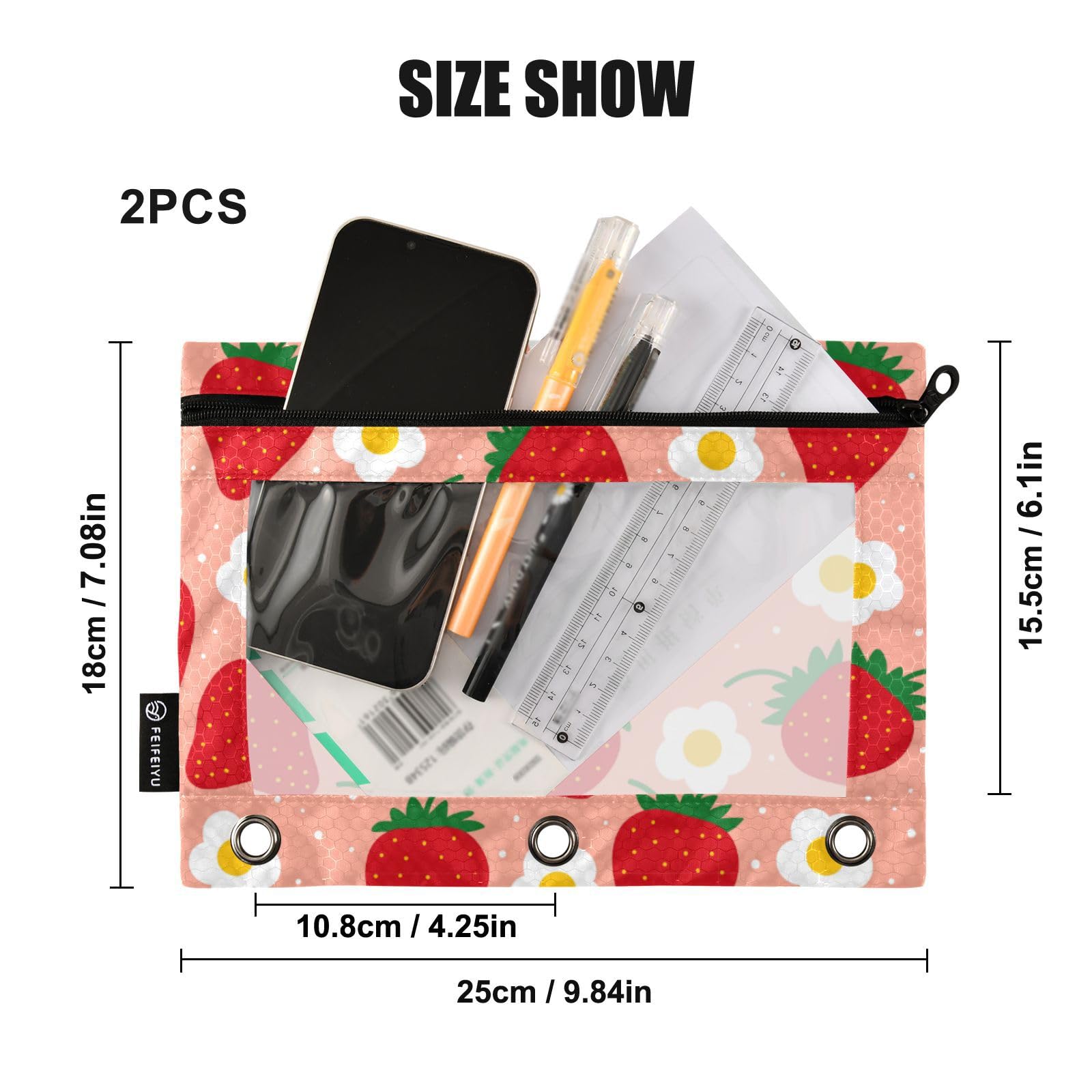 Flower Strawberry Red Pencil Pouch for 3 Ring Binder Pencil Bag Bags with Zipper Clear Pencil Case Pouch Cute Pen Pencil Pouch Cases for Office Home College Supplies 2 Pack