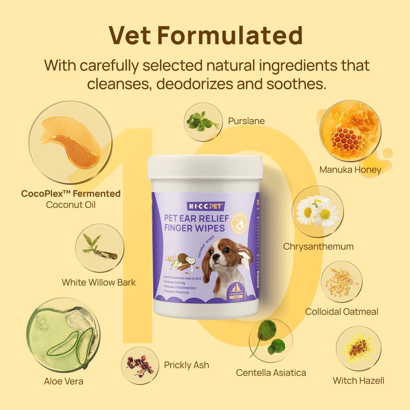 HICC PET Ear Finger Wipes for Dogs & Cats - Gently Remove Ear Wax, Debris - Sooths & Deodorizes - Relieve Ear Itching & Inflammation, Honey Scented, All Natural Ingredients - 50 Count