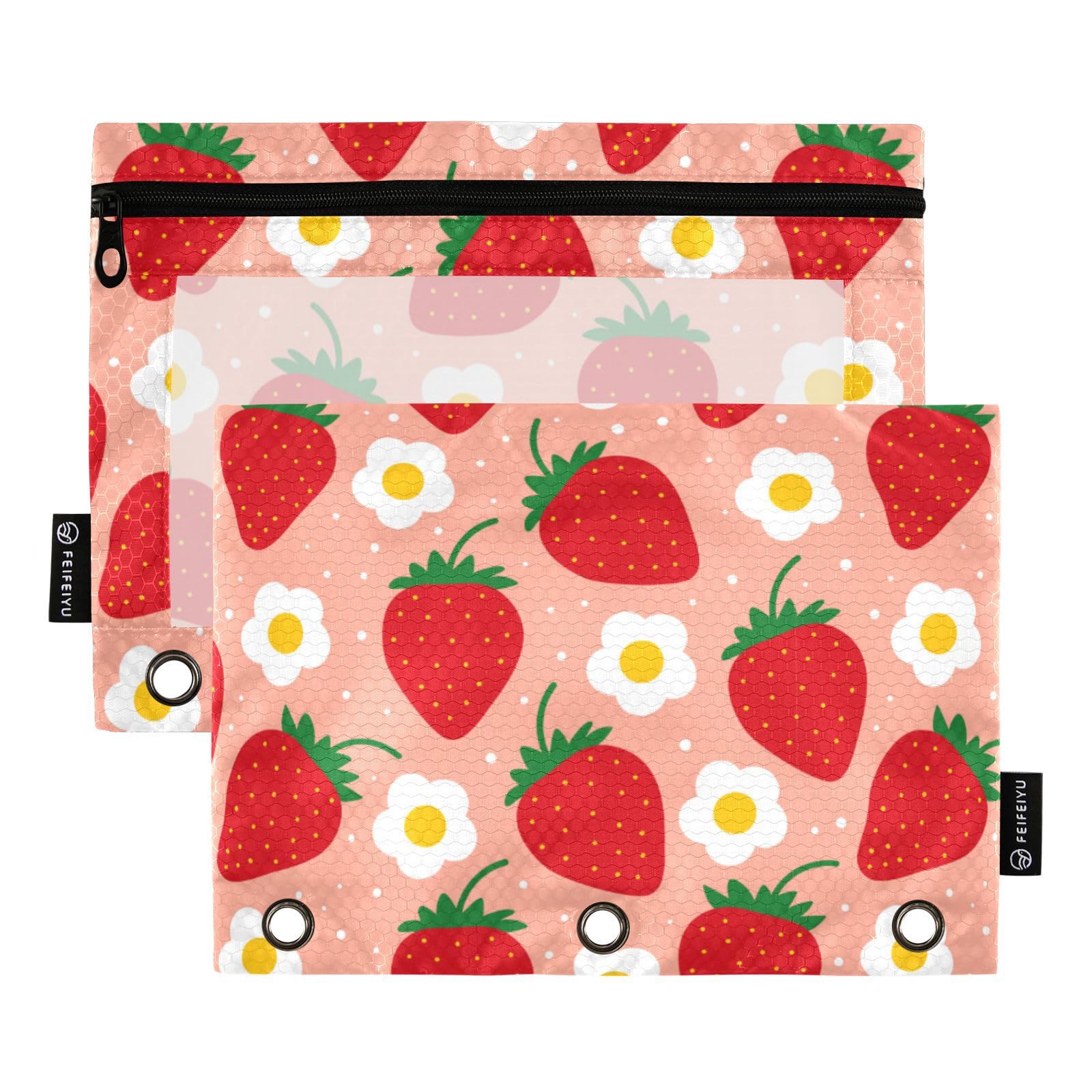 Flower Strawberry Red Pencil Pouch for 3 Ring Binder Pencil Bag Bags with Zipper Clear Pencil Case Pouch Cute Pen Pencil Pouch Cases for Office Home College Supplies 2 Pack