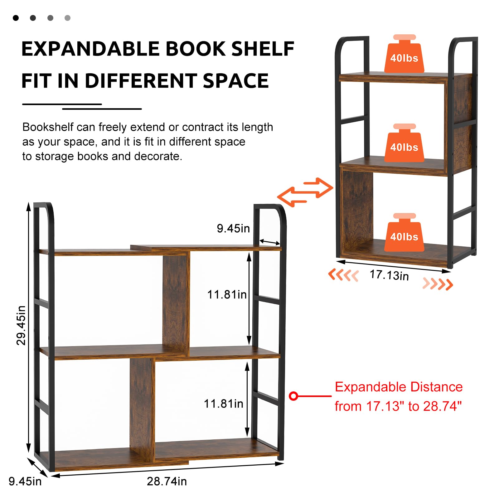 3-Tier Home Office Bookcase Shelf, Expandable Small Book Shelf, Narrow Bookshelves with Metal Frame, Bedroom&Living Room Modern Metal and Wood Standing Storage Shelving Unit Books Shelf Organizer