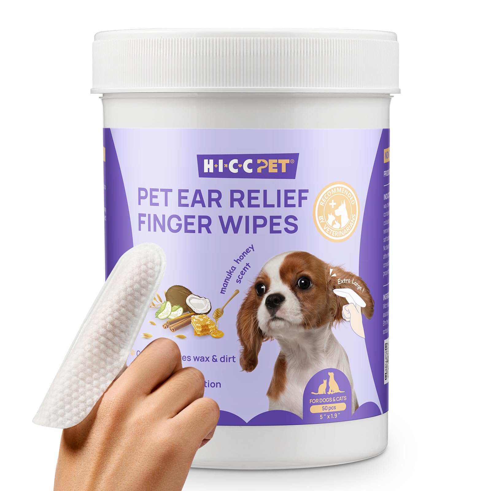 HICC PET Ear Finger Wipes for Dogs & Cats - Gently Remove Ear Wax, Debris - Sooths & Deodorizes - Relieve Ear Itching & Inflammation, Honey Scented, All Natural Ingredients - 50 Count