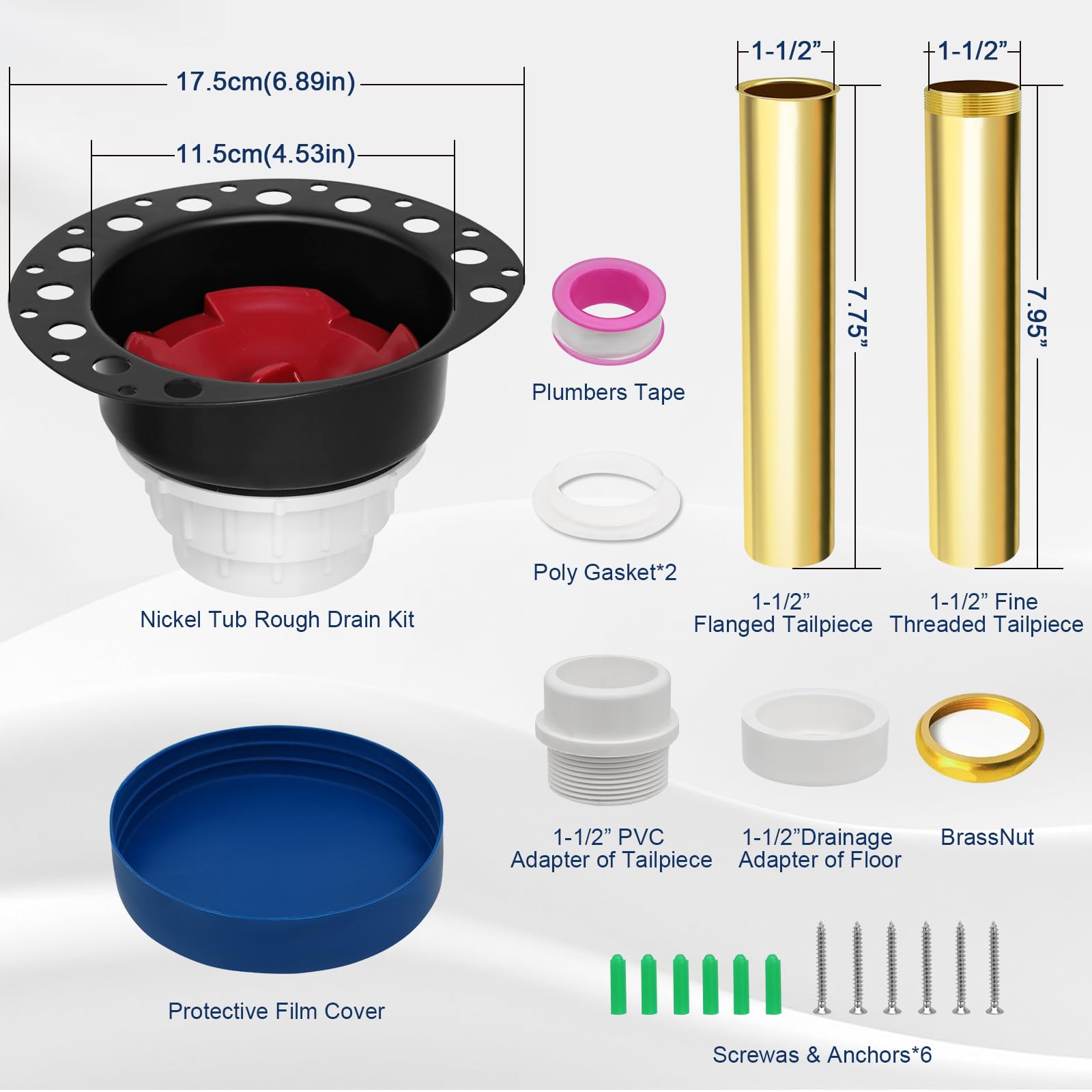 Freestanding Bathtub Tub Drain Rough-in Kit with Brass Tail Pipe and PVC Adapter Compatible with Freestanding Bathtubs Floor Mounted Bathtub and Standard Bathtubs