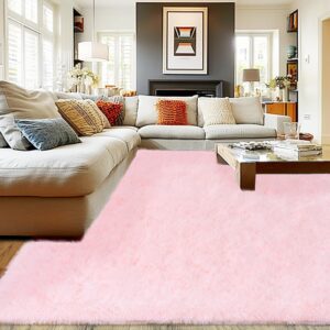 ultra soft pink rugs for bedroom 8x10 feet, fluffy shag area rugs for living room, large comfy furry rug for girls kids baby room decor teenage pastel princess rug, non slip nursery classroom rug