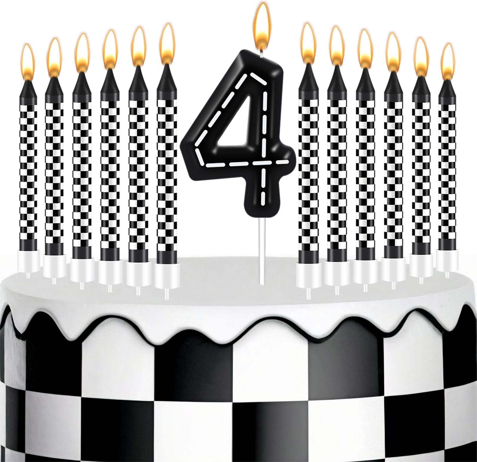 13 Pcs Racing Cars Themed Birthday Candles - 1 to 9 Number Candle & Black and White Checkered Candles, Truck Candle Cake Topper for Racing Car Party Baby Shower Party Decoration Supplies (Number 4)