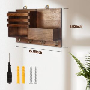 Key Holder Wall Mount, Mail Organizer with Key Hooks, Solid Wood Mail Holder with Hook Rustic Home Decor for Command Center Entryway Mudroom Hallway Doorway