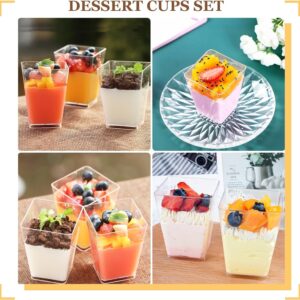 200Pcs Dessert Cups with Spoons 100Pcs 5 OZ Mini Clear Plastic Appetizer Parfait Cup 100 Spoon Small Fruit Ice Cream Mousse Pudding Serving Bowl Shooter for Party Square Wine Shot Glasses Round Goblet