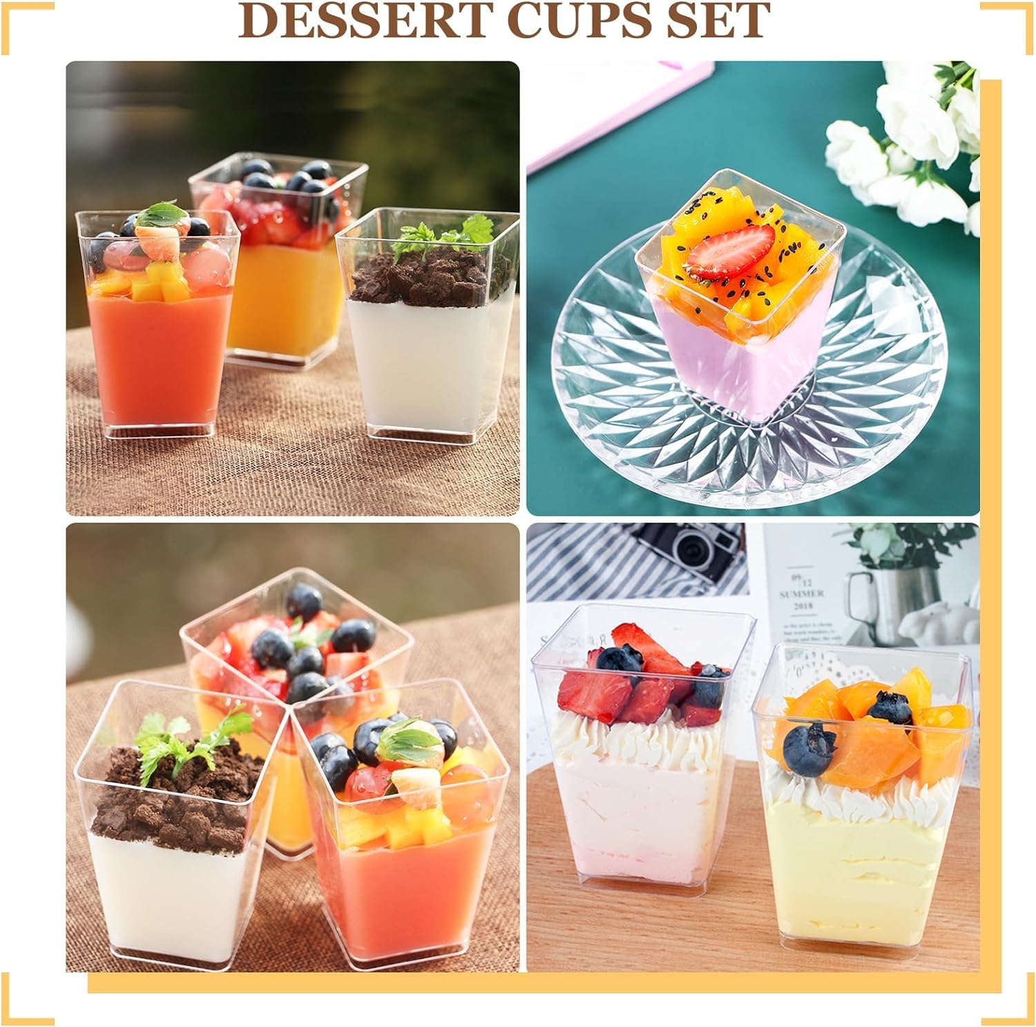 200Pcs Dessert Cups with Spoons 100Pcs 5 OZ Mini Clear Plastic Appetizer Parfait Cup 100 Spoon Small Fruit Ice Cream Mousse Pudding Serving Bowl Shooter for Party Square Wine Shot Glasses Round Goblet