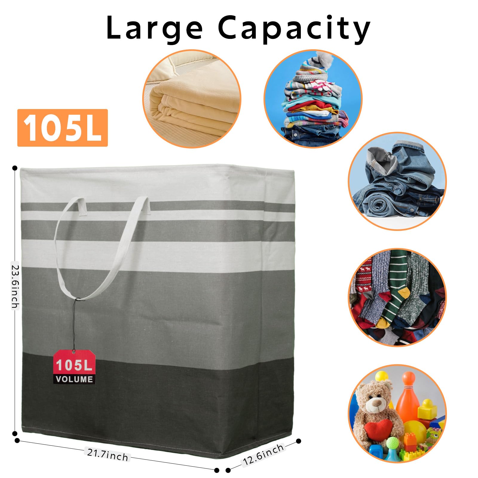 Gedamari 2-Pack Large Laundry Hamper, Collapsible Laundry Basket, Waterproof Freestanding Clothes Hamper with 2 Extended Handles, Movable in Family Rooms and Dorms, Gradient Grey, 105L