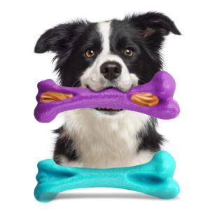 mitzifuzz tough dog toys for aggressive chewers, interactive dog toys to keep them busy, dog chew toys long lasting for large/medium/small dogs, for teeth cleaning, bacon flavor(2pcs, purple+cyan)