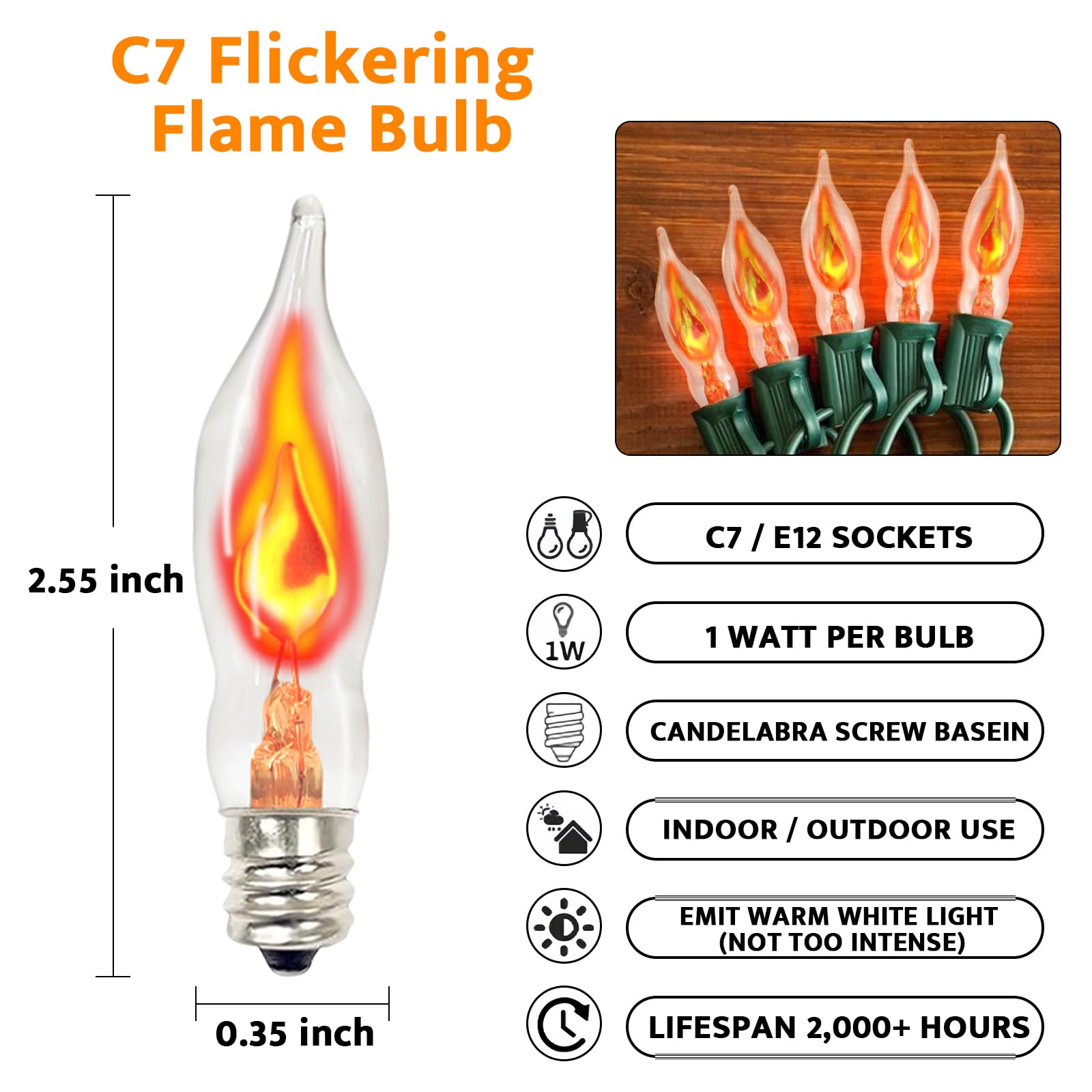 Aiyomt Christmas Flicker Flame Light Bulbs, Crystal Clear Chandelier Flickering C7/E12 Orange Flame Bulb for Electric Window Candles Halloween Party Christmas Decor, Flame Shaped, 1 Watts, 12 Pack