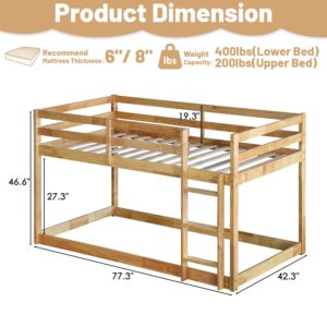 LUKEEHOM Bunk Bed Twin Over Twin, Wood Low Profile Floor Twin Bunk Beds with Ladder Guardrails for Kids Boys and Girls, No Box Spring Needed